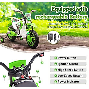 TOBBI Electric Motorcycle for Kids 12V Dirt Bike Ride on Toy Battery Powered Motorbike Off-Road Motocross Kid Motorized Vehicles w/ 2 Speeds, 35W Dual Motors, Training Wheels, Green