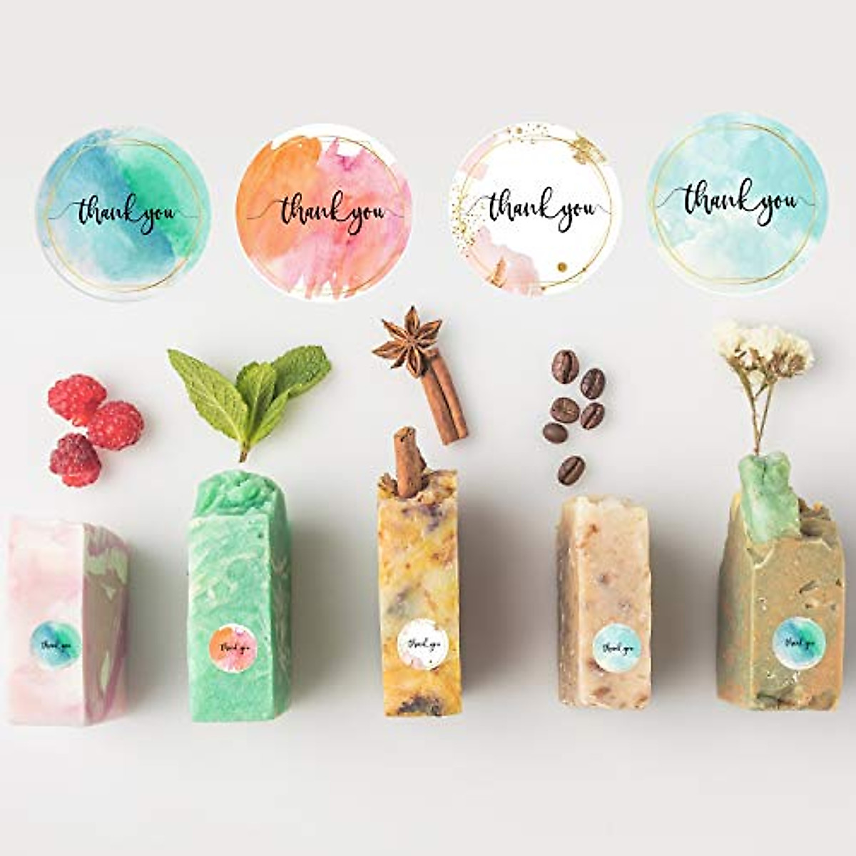 Mobiusea Party Thank You Stickers Roll | Elegant Water Color with Gold Foil |1.5 inch | Waterproof | 500 Labels for Small Business, Floral Designer, Artist | 4 Watercolor Designs