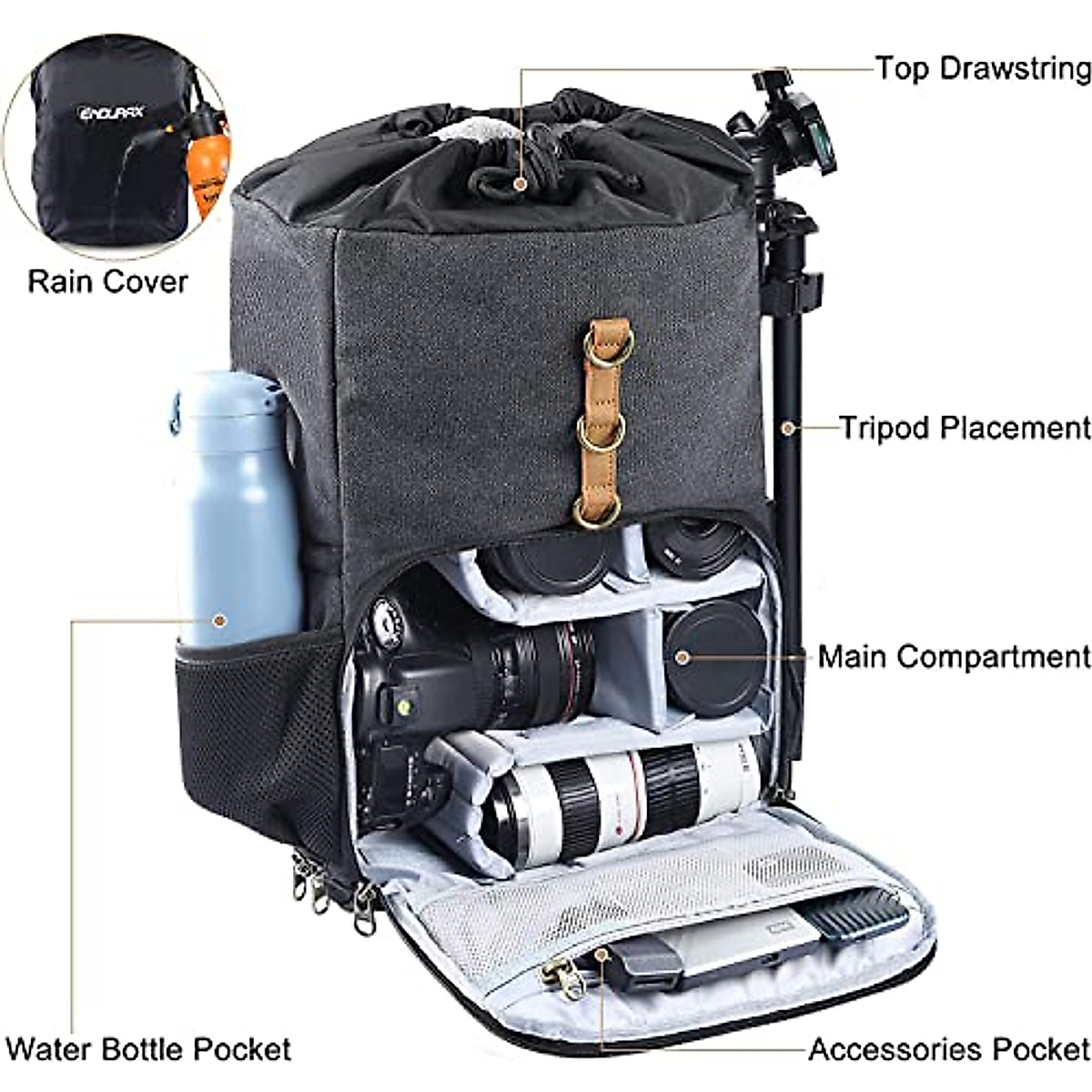 Endurax Canvas Camera Backpack Bag for Photographers DSLR Backpacks fit up to 15.6 Laptop Rain Cover Included