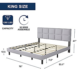 Molblly King Size Bed Frame Upholstered Platform with Headboard, Strong Frame and Wooden Slats Support, Linen Fabric Wrap, Non-Slip and Noise-Free,No Box Spring, Easy Assembly, Light Grey