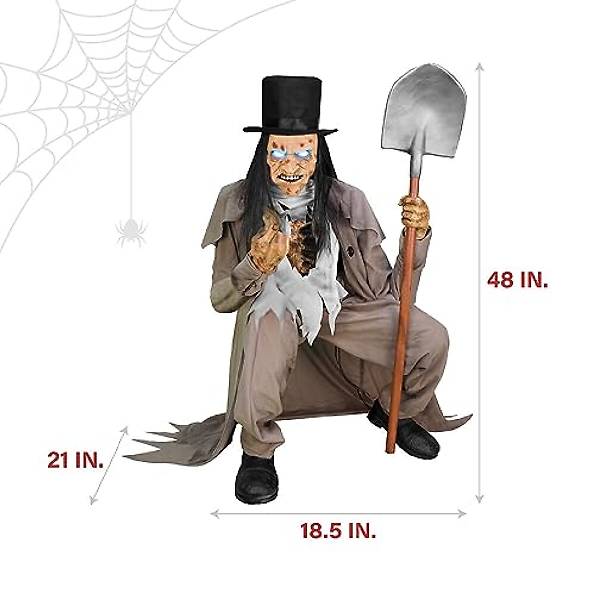 Haunted Hill Farm Motion-Activated Crouching Grave Digger by Tekky, Talking Scare Prop Animatronic for Indoor or Covered Outdoor Creepy Halloween Decoration, Plug-in or Battery Operated