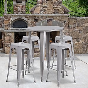 Flash Furniture Commercial Grade 30" Round Silver Metal Indoor-Outdoor Bar Table Set with 4 Square Seat Backless Stools