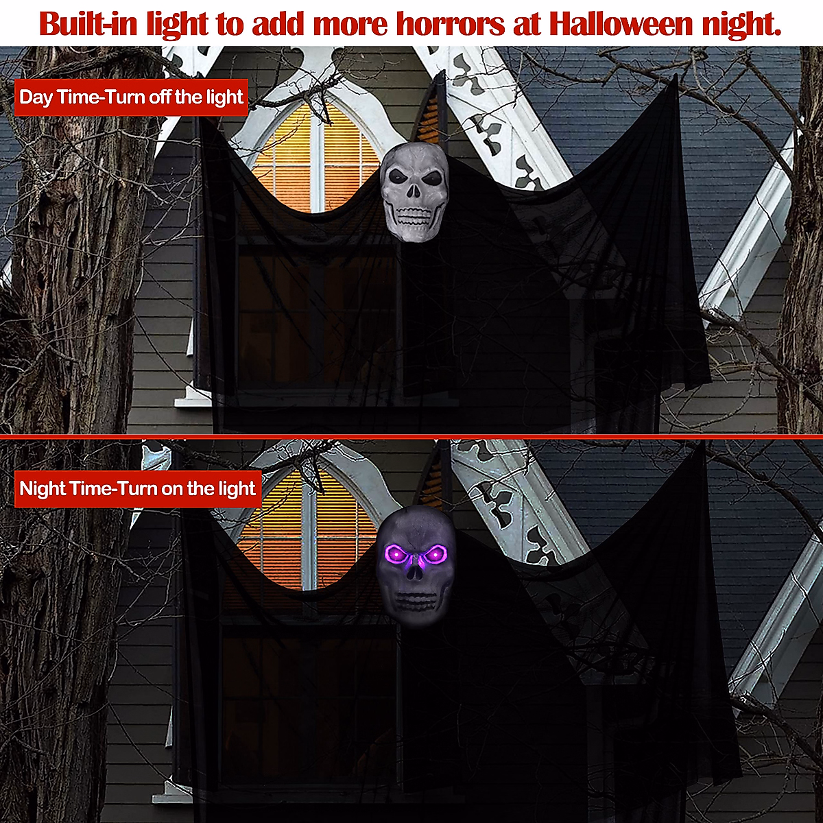 Moon Boat 13.94ft Halloween Ghost Hanging Activated Decorations with LED Light-up Purple Eyes&Voice, Scary Creepy Indoor Outdoor Decor(Batteries Not Included)