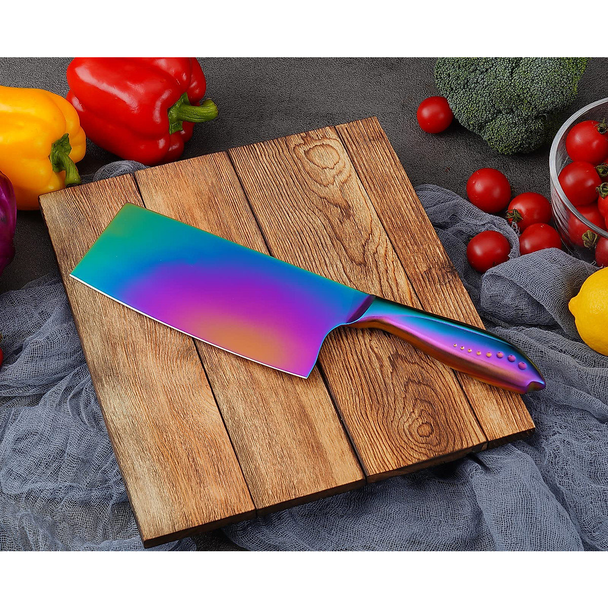 WELLSTAR Rainbow Meat Cleaver, 7 inch Iridescent Chinese Meat Vegetable Butcher Knife, Super Sharp German High Carbon Stainless Steel Chef’s Kitchen Knife with Ergonomic Handle for Home Restaurant