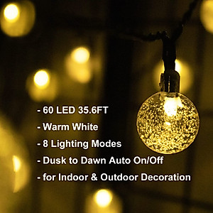 Solar Outdoor String Lights 60 LED Waterproof Solar Powered Patio Lights with 8 Lighting Modes, Crystal Globe Lights for Outside Garden Porch Balcony Yard Wedding Party Decor, 35.6FT, Warm White