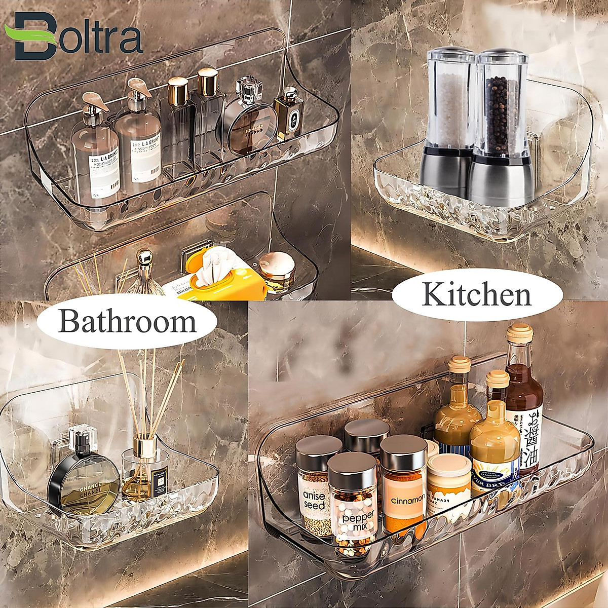 Boltra Clear Shower Caddy Shelves, 2-Pcs Acrylic Wall Mounted Shelf Bathroom Organizers and Container Without Drilling Plastic Shelf for Bathroom, Kitchen