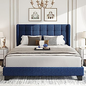 WEEWAY Queen Size Wingback Upholstered Platform Bed Frame with Box-Tufted Stitched Headboard and Wooden Slats/No Box Spring Needed/Easy Assembly, Dark Blue