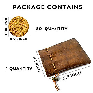 50 DND Fantasy Metal Gold Coins & Leather Pouch for Dungeons & Dragons Novelty Tabletop RPG Board Games Tokens Treasure Coins for Party Tablelap Games Accessories Addons Medieval Game Retro Props