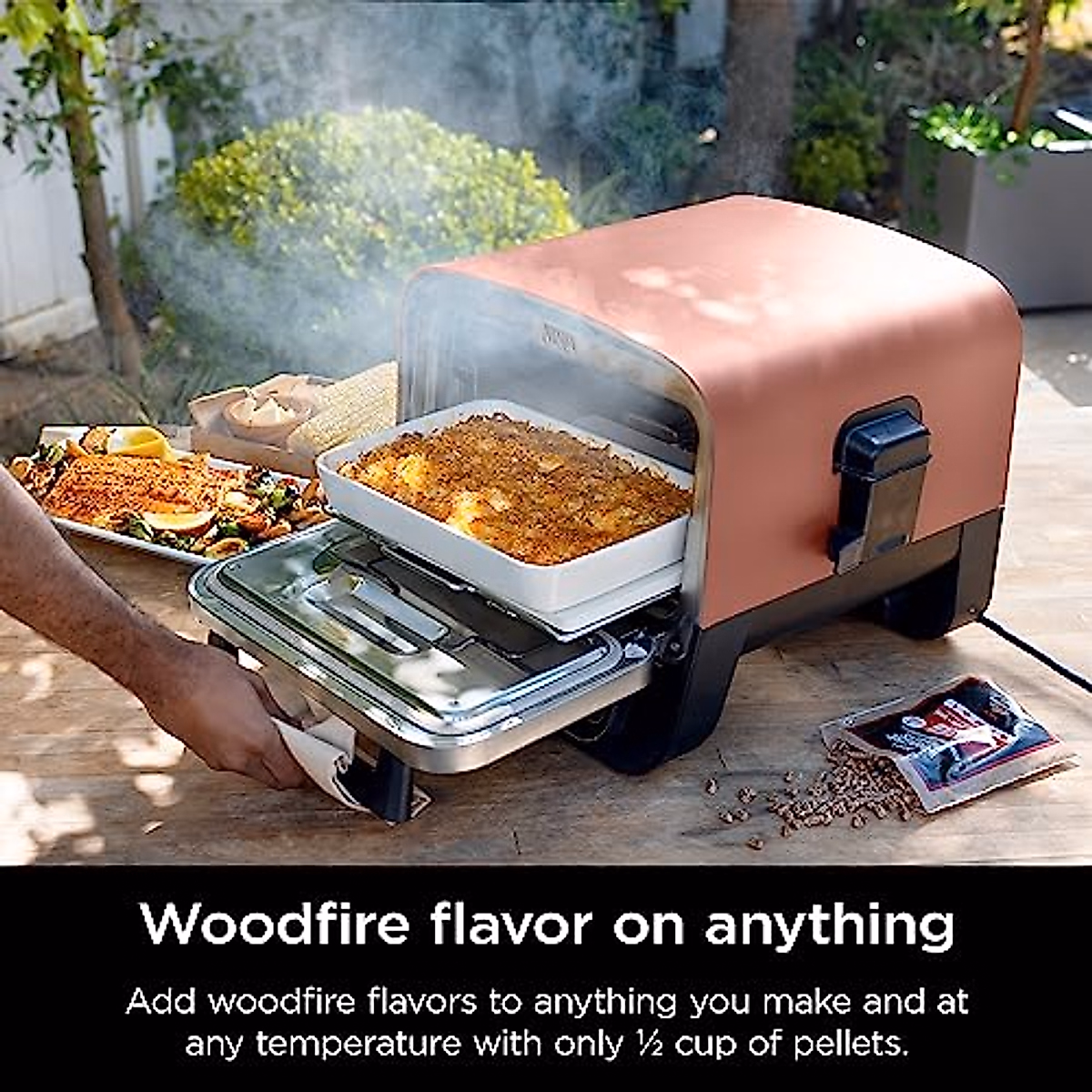 Ninja OO101 Woodfire 8-in-1 Outdoor Oven, Pizza Oven, 700°F High Heat Roaster, BBQ Smoker, Woodfire Technology, Pellets for Woodfire Flavor, Weather Resistant, Portable, Electric, Terracotta Red