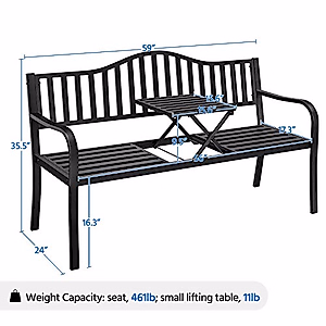Topeakmart Outdoor Garden Bench Patio Park Bench Chair with Adjustable Middle Table, Two Person Outdoor Furniture, Black