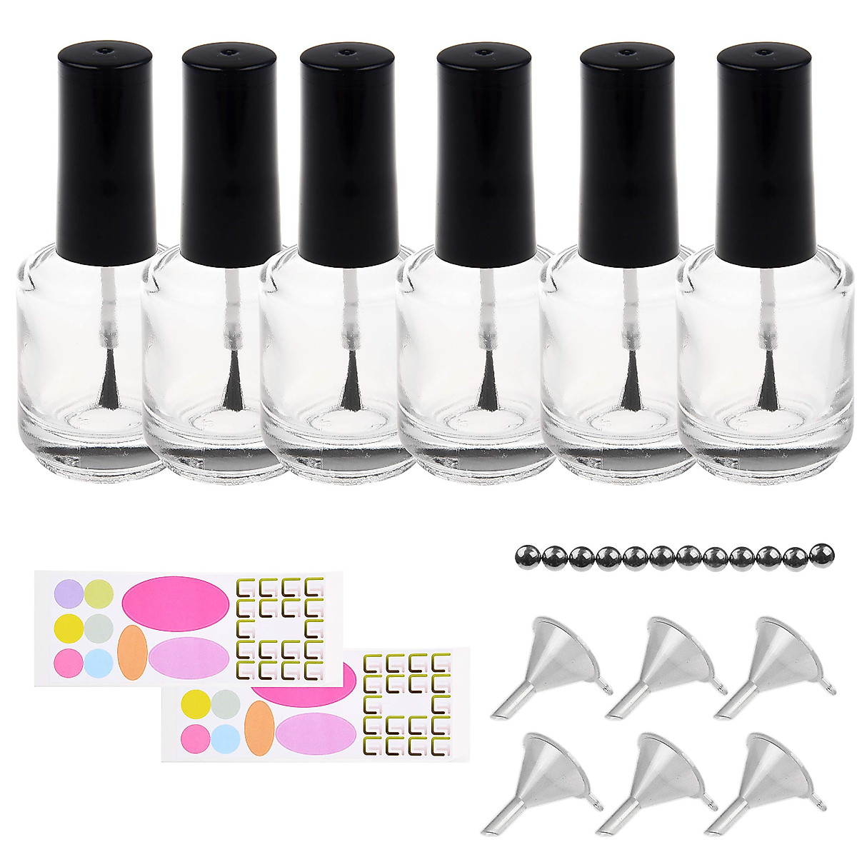 Eco-Fused Transparent Clear Empty Nail Polish Bottles - with Dupont Brushes - Set of 6 - Also Includes 6x Plastic Funnels, 12x Mixing Balls and 20x Sticker Labels - Making your Own Nail Polish