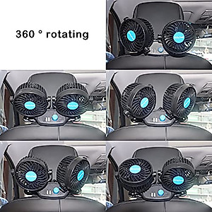 KWYZ 12 Volt Car Fan for Back Seat Passenger, Portable Car Seat Fan Headrest 360° Rotatable Backseat Cooling Air Fan with 2 USB Charging Port & Cigarette Lighter Plug for Vehicles, SUV, RV, Boat
