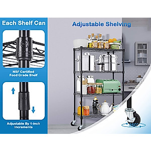 4-Tier Kitchen Storage Shelves Wire Shelving, Adjustable Storage Shelf Metal Storage Rack on Wheels, Shelf Unit Organizer for Kitchen Bread Microwave Oven Stand, 35.6"L x 14"W x 61.8"H, Black