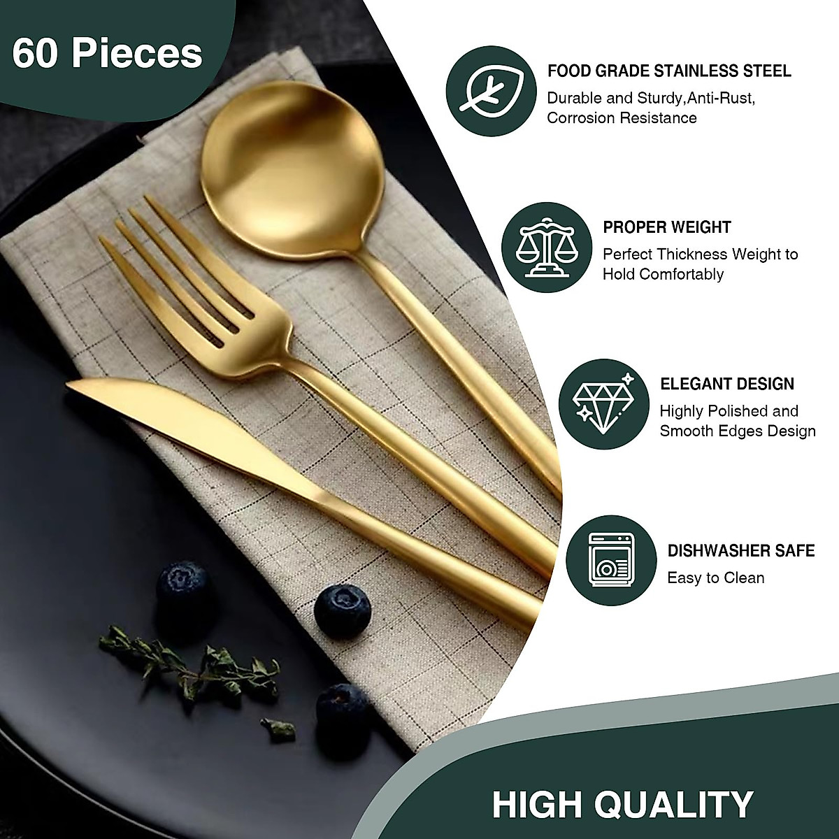 60 Pieces Stainless Steel Silverware Set, Flatware Cutlery Set Service for 12, Tableware Cutlery Set Include Knife Fork Spoon Set, Utensils for Home, Restaurant, Hotel, Dishwasher Safe (Gold)