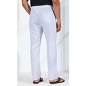 Soojun Men's Casual Linen Blend Relaxed Fit Straight Legs Elastic Waist Pants, White, 38W x 32L