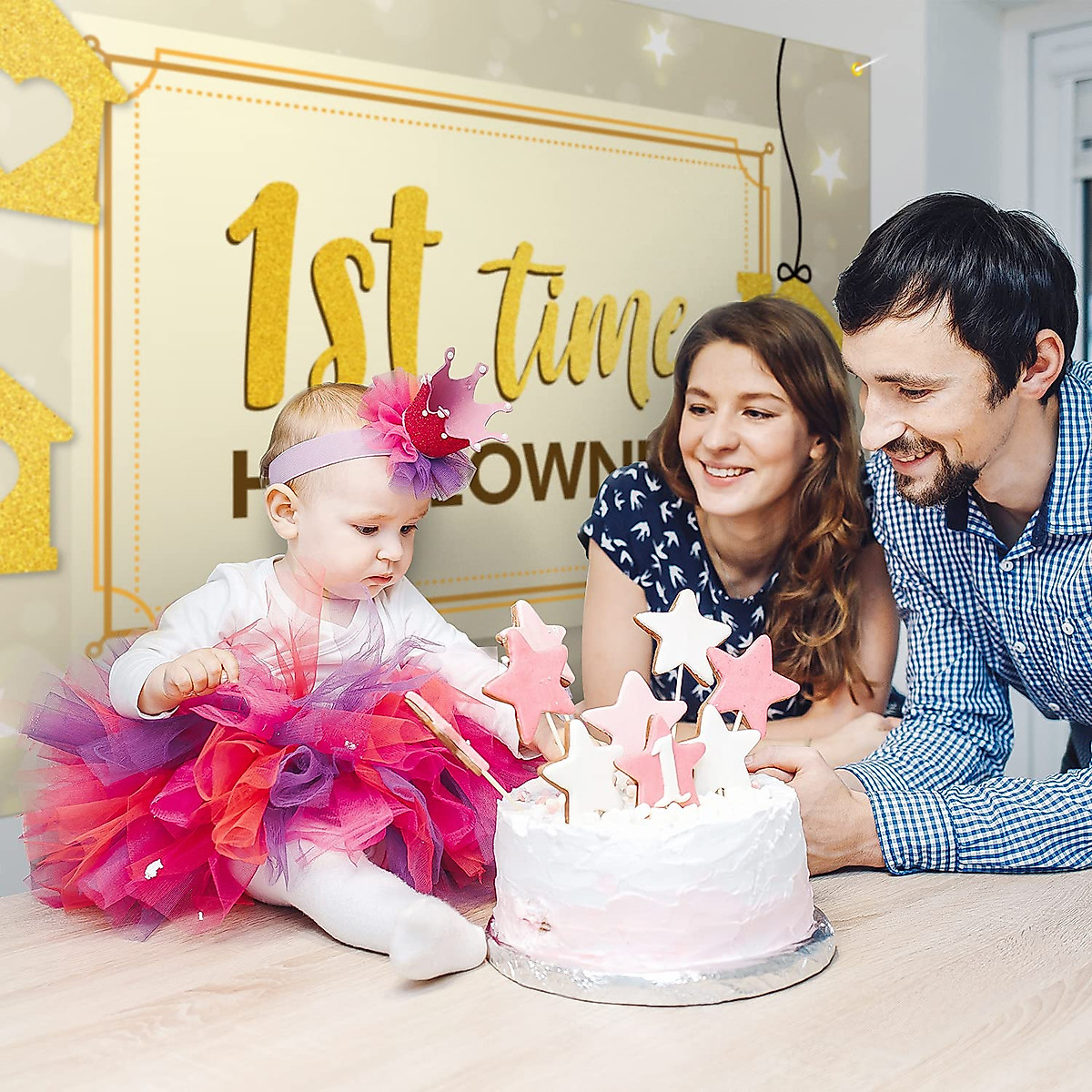 1st Time Homeowner Backdrop Banner Decor Gold Glitter – Housewarming Party Theme Decorations for Men Women Baby Shower Supplies