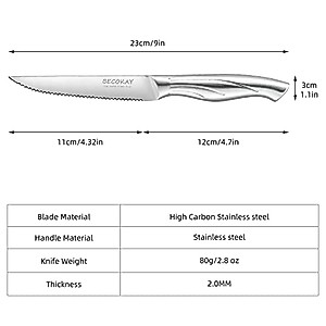 BECOKAY Steak Knives - Steak Knives Set of 6 High Carbon German Steel Serrated Steak Knife - 4.3 Inch Premium Steak Knife Set - Ergonomic Full Tang Hollow Handle (Silver)
