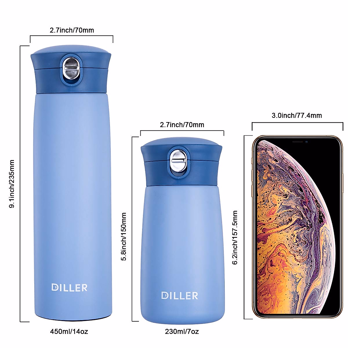 Diller Thermal Water Bottle, Coffee Travel Mug 16 or 8 oz Kids Mini Water Bottle Tumbler with Spout Lid, Leak Proof Flask for Kids and Women Keep 12H Piping Hot & 24H Cold (Blue, 8 oz)