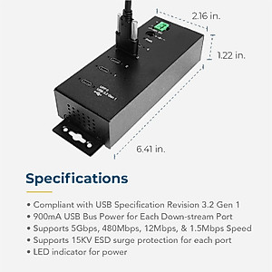 4-Port USB-C 3.2 Hub w/ 15KV ESD Surge Protection DIN Rail Mount