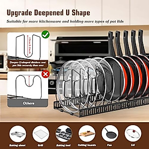 Housolution Pot Lid Organizer, Upgraded Expandable Pot and Pan Organizer with 14 Adjustable Deeper U-Shaped Dividers, Pot and Pan Storage Rack Lid Holder for Cabinet, Black