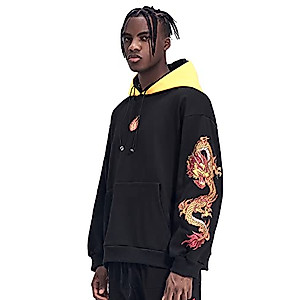 MFCT Japanese Streetwear Embroidered Fleece Hoodies for Men (Large, Black1)