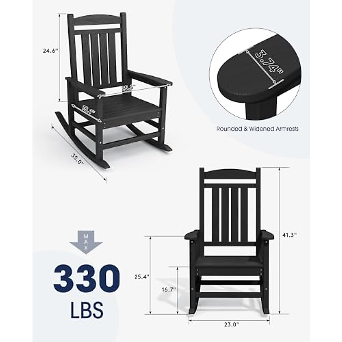 KINGYES Outdoor Rocking Chairs, HDPE All-Weather Patio Rocking Chairs High Back Porch Rocker for Adult, Black