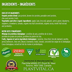 Plantvital Vegan Protein Powder Plant Based - Organic Protein Powder Chocolate - 24g/0g Sugar, 18 Superfoods, Probiotics, Raw Cocoa, Pea, Gluten-Free, Keto-Friendly, 16oz