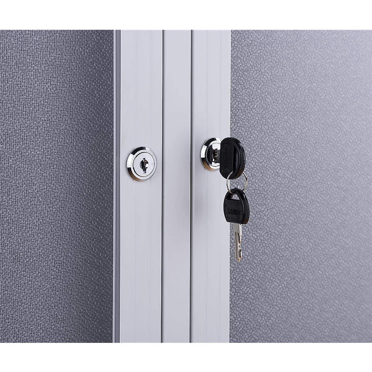 Displays2go 4' x 3' Enclosed Message Board, Sliding Doors, Locking, Gray Fabric - White (FBSW43WHLG)