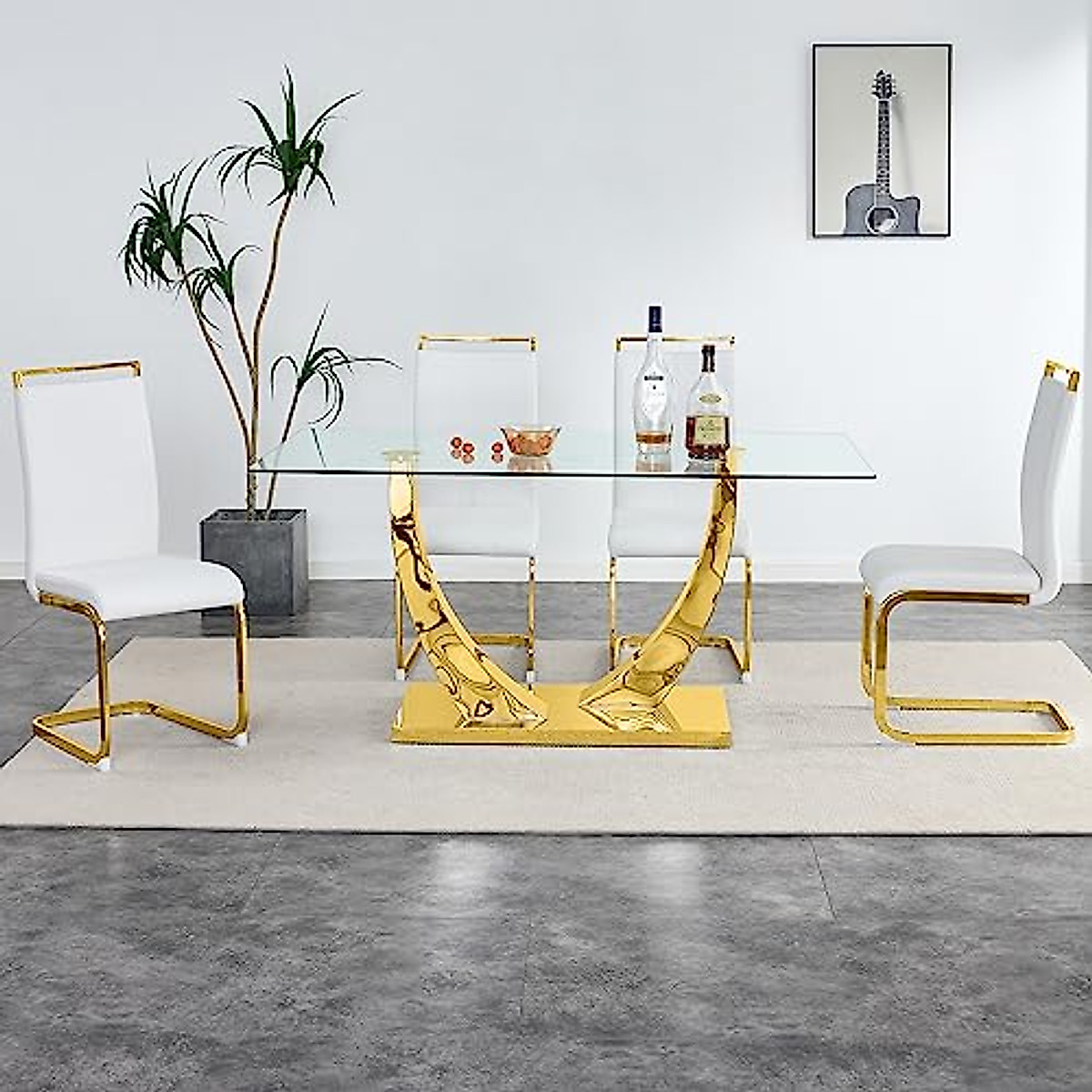 63in Glass Dining Table for 6 with Steel Base, Rectangle Dining Room Table Kitchen Table with Golden U-Shape Bracket, Luxury Dining Table for 4 or 6, Dinner Table for Living Room Banquet Hall