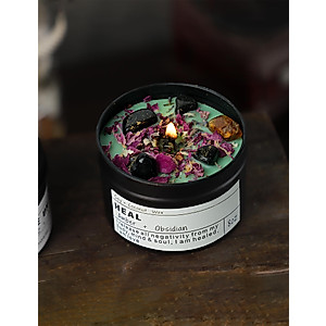 Obsidian Crystal Stone Energy Candle, Good Aura Health Protection, Baltic Amber Chakra Magic Vegetarian Affirmation Gift.(HEAL)