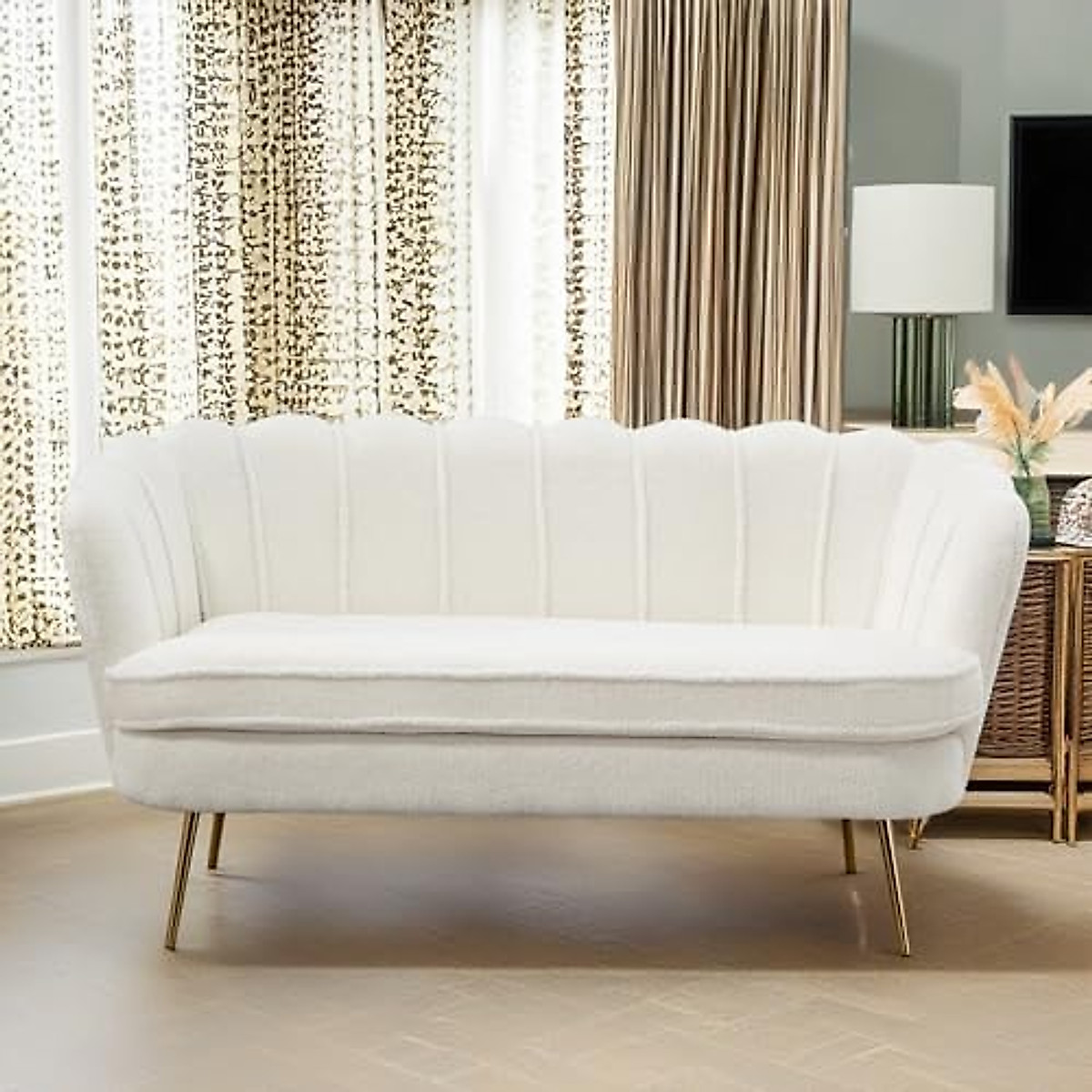 UFINEGO Curved Sofa Boucle Loveseat 59" Wide Modern Boucle Loveseat Upgrade Your Living Room with Our Curved Sofa - Featuring Gold Metal Legs and Full-Body Boucle Fabric, Ivory