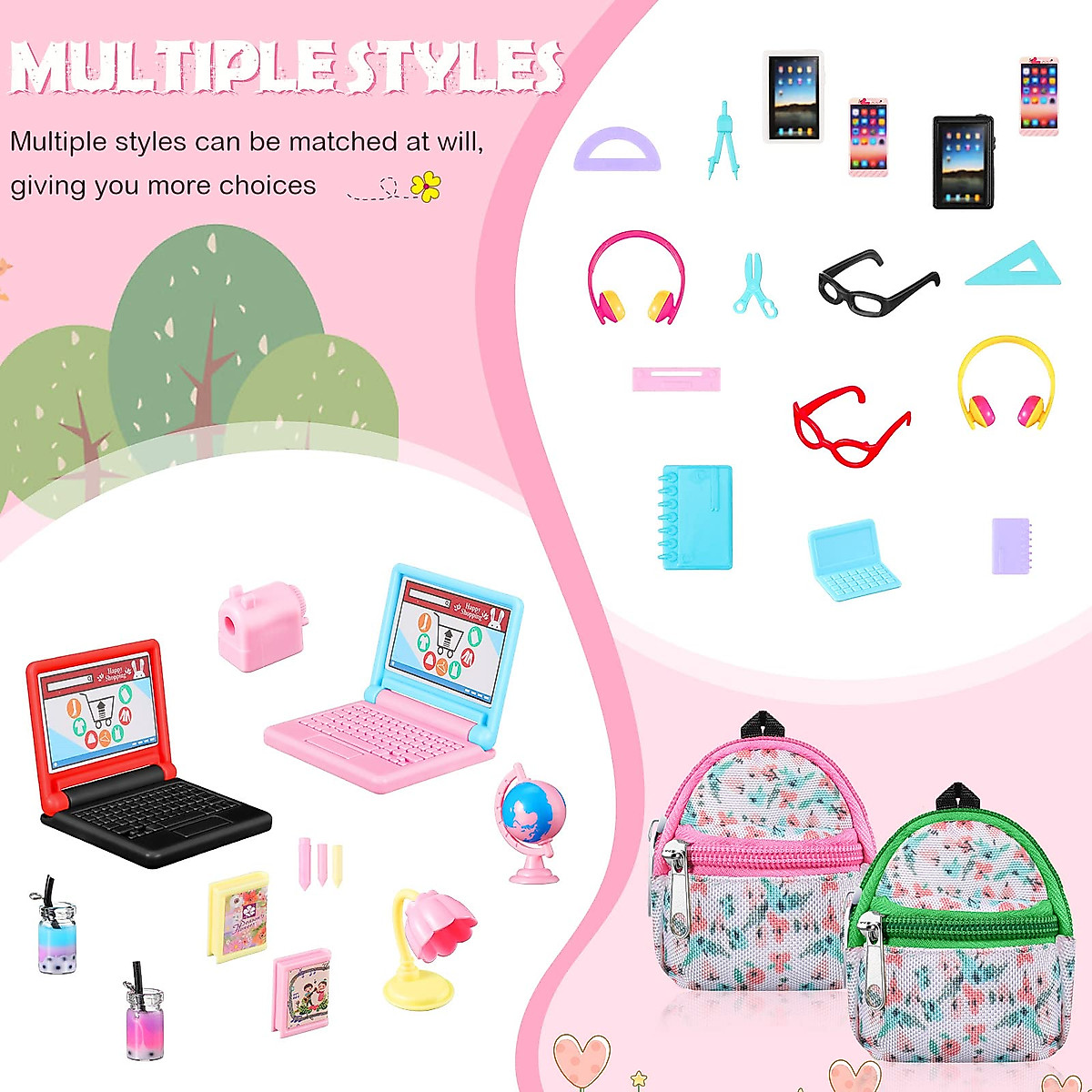 29 Pieces Dollhouse Accessories Mini Laptop Computer Tablet Phone Toy Miniature Glasses Headset Backpack Drink Toys Plastic Doll Accessories