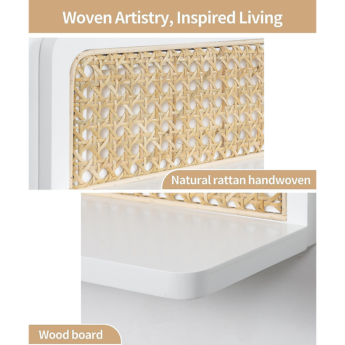 Mazjoaru Rattan Wall Shelf 16inch Set of 2, Handmade Floating Shelves Boho Wall Decor, Rustic Wood Wall Mounted Storage Shelves for Living Room Nursery Bedroom