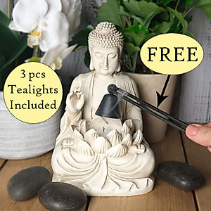 Bella Haus Design Buddha Tealight Candle Holder Statue – 8.5” Tall Polyresin - Zen Home and Garden Decor - Includes 3pcs Tea Lights and Free Candle Snuffer for Office, Indoor, Outdoor Decoration