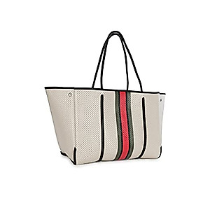 Haute Shore - Greyson Roma Neoprene Tote Bag w/Zipper Wristlet Inside, Beige W/Olive, Black, & Red Stripe
