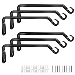 Worth Garden 6-Pack 10" Plant Hanger Bracket - Forged Wrought Iron Powder-Coated Heavy Duty Wall Hook - Black Plant Hanging Hooks - Durable and Stable for Bird Feeders, Planters Indoor & Outdoor