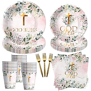 Suhelkit God Bless Baptism Decorations Tableware Girl - First Communion Decorations Supplies, Plate, Cup, Napkin, Fork, Baptism Plates And Napkins Set For Christening Baby Shower Religious | Serve 24