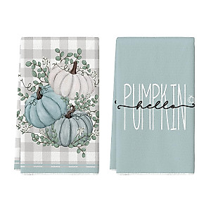 Artoid Mode Hello Pumpkin Eucalyptus Leaves Fall Kitchen Towels Dish Towels, 18x26 Inch Autumn Thanksgiving Harvest Tea Hand Towel Set of 2