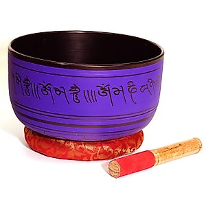 Five Buddhas (Panch Buddhas) Painted Aluminum Singing Bowl. 9.5" Diameter. Wood Mallet and Cushion Included