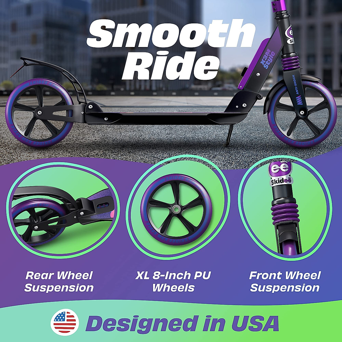 SKIDEE Scooter for Kids Ages 6-12 -Scooters for Teens 12 Years and Up -Adult Scooter with Anti-Shock Suspension-Scooter for Kids 8 Years and Up with 4 Adjustment Levels Handlebar Up to 41 Inches High