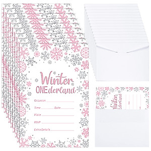 25 Pcs Winter Onederland Birthday Party Invitations with Envelopes First Birthday Decorations Winter Snowflakes Silver Pink Invitations for Holiday Winter 1st Birthday Party Supplies, 4 x 6 Inch