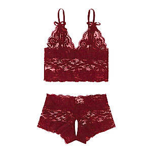 SweatyRocks Women's 2 Piece Lingerie Set Sheer Lace Cut Out Bra and Panty Teddy Lingerie Burgundy M