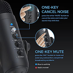 PtevSoh Professional Cardioid Condenser Microphone, Plug and Play, One-Key Mute, Real-time Monitor, Gain Adjustment, Noise Reduction, Compatible with PC, Mac, PS4/5.