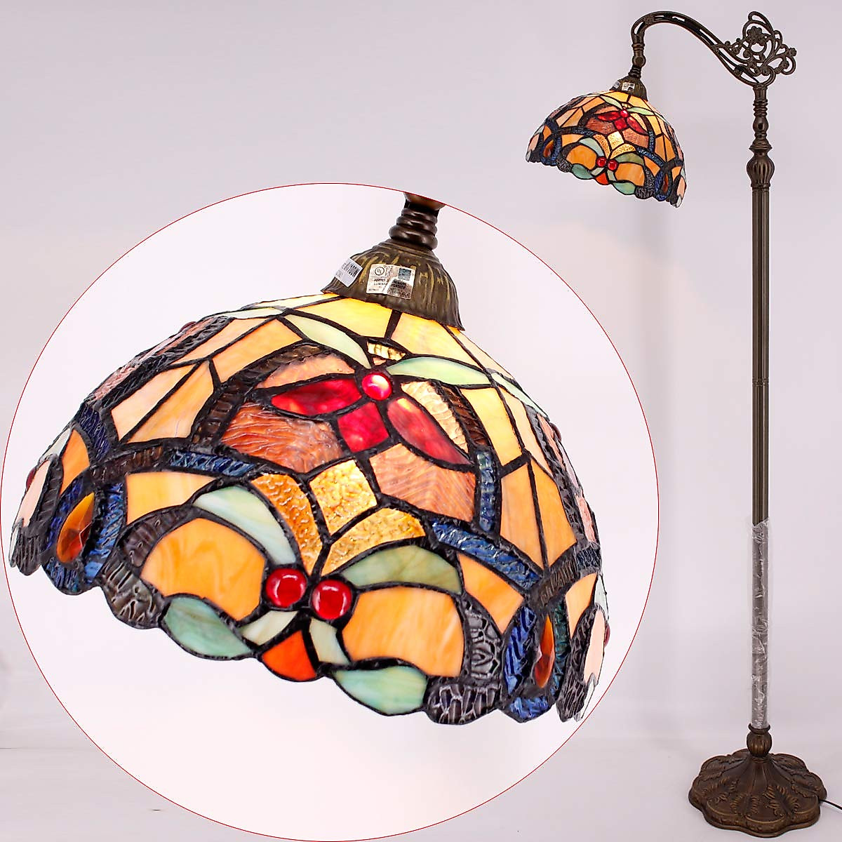 WERFACTORY Tiffany Floor Lamp Orange Liaison Stained Glass Arched Lamp 12X18X64 Inches Gooseneck Adjustable Corner Standing Reading Light Decor Bedroom Living Room S617 Series