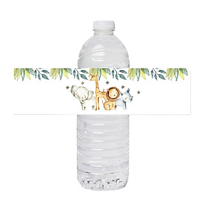24 Safari Jungle Water Bottle Labels - (Self-Stick, Waterproof 8x2) Baby Shower Birthday Party Girl or Boy Unisex Wild Stickers Labels Giraffe Lion Elephant Rhinoceros Greenery