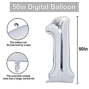 TONIFUL 50 Inch Large Silver Number Balloons 0-9, Foil Mylar Big Digital Balloon Number 1 Digit One for Birthday Party, Wedding, Bridal Shower, Engagement, Photo Shoot, Anniversary (Silver one)