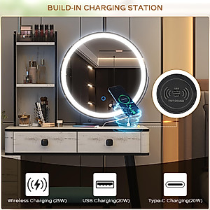 LVSOMT Vanity Desk with Mirror and Lights, Makeup Vanity Table with 3-color Lights & Charging Station, Vanity Set with 5 Drawers, Dressing Table with Stool for Women Girls (Wood White)