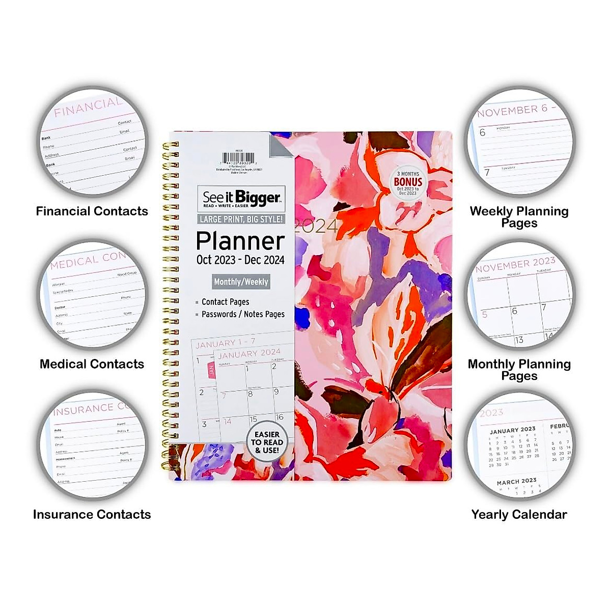PlanAhead See IT Bigger April 2024 - June 2025 Monthly/Weekly Large Planner 8.5" x 11"and SUHEYLA Twin Fluresten Pen