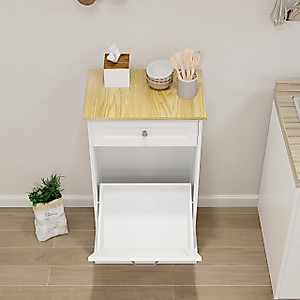 MiHunnor Wooden Simple style Kitchen Trash Cabinet, Wooden Frame with Drawers and Tilt-Out Trash Cabinet for 10 Gallon Trash Cans 19.69'' W x 13.78'' D x 35.43'' H (White-021)