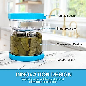 SOPHICO Pickle and Olives Jar Container with Strainer Flip, Leak-proof Juice Separator Hourglass Food Saver Storage Container (Transparent Blue)